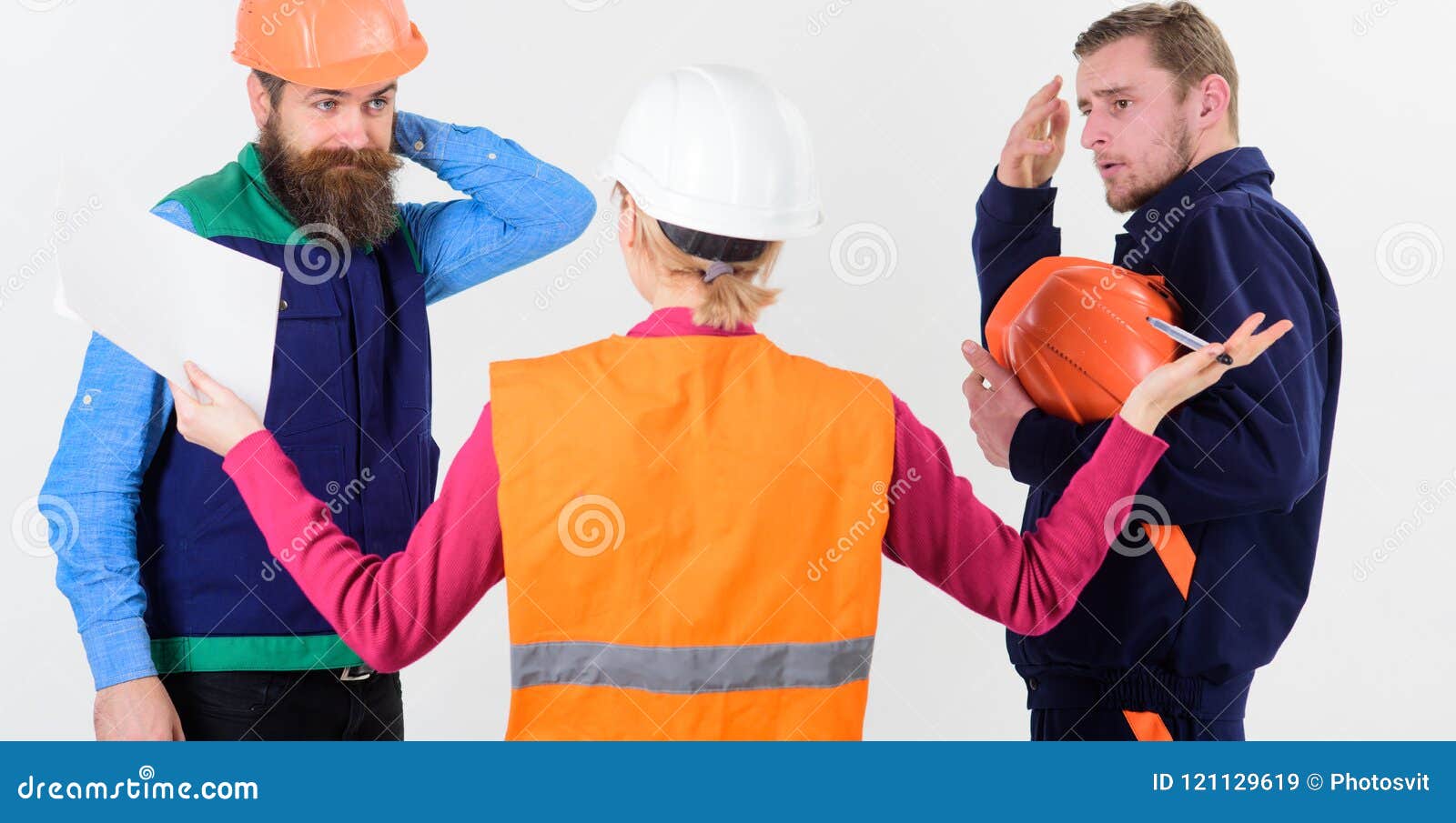 Misunderstanding Concept. Men And Woman In Helmets, Architects Royalty ...