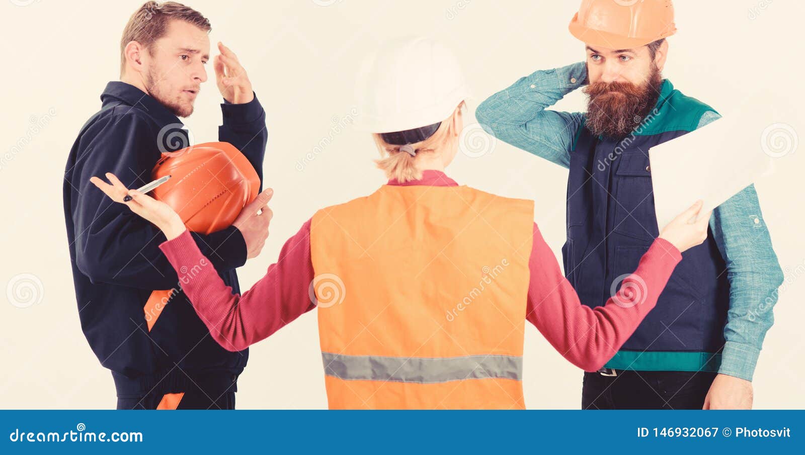 Misunderstanding Concept. Men And Woman In Helmets, Architects Royalty ...