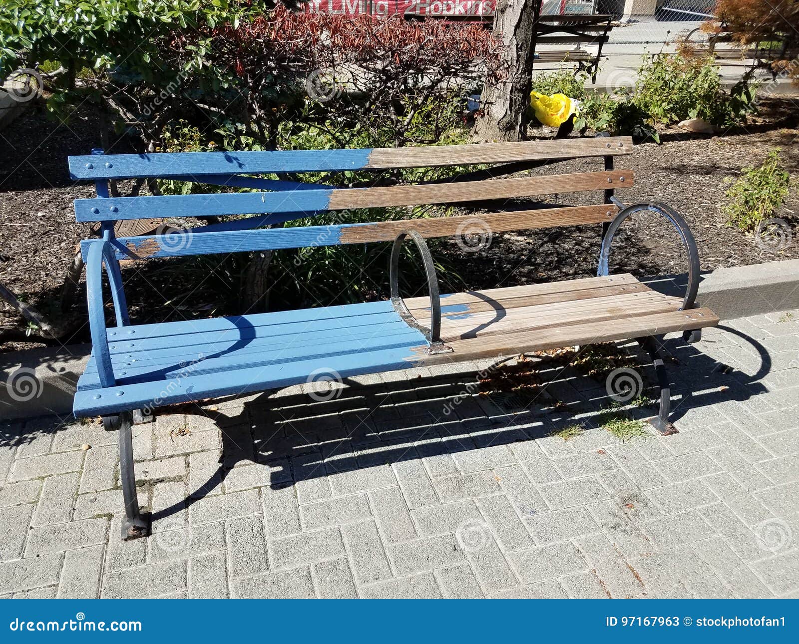 Mitad Del Banco De Parque Pintada Azul Imagen de archivo - Imagen de ...