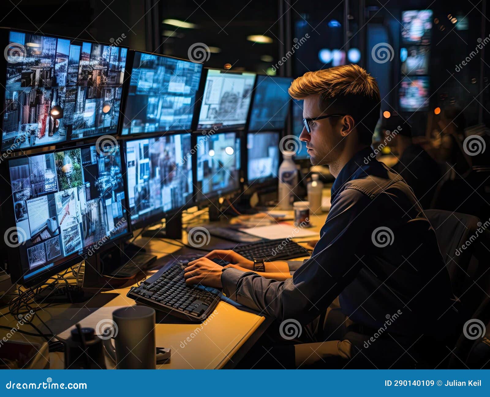 Dedicated Office Worker Surrounded by Computer Screens Stock ...