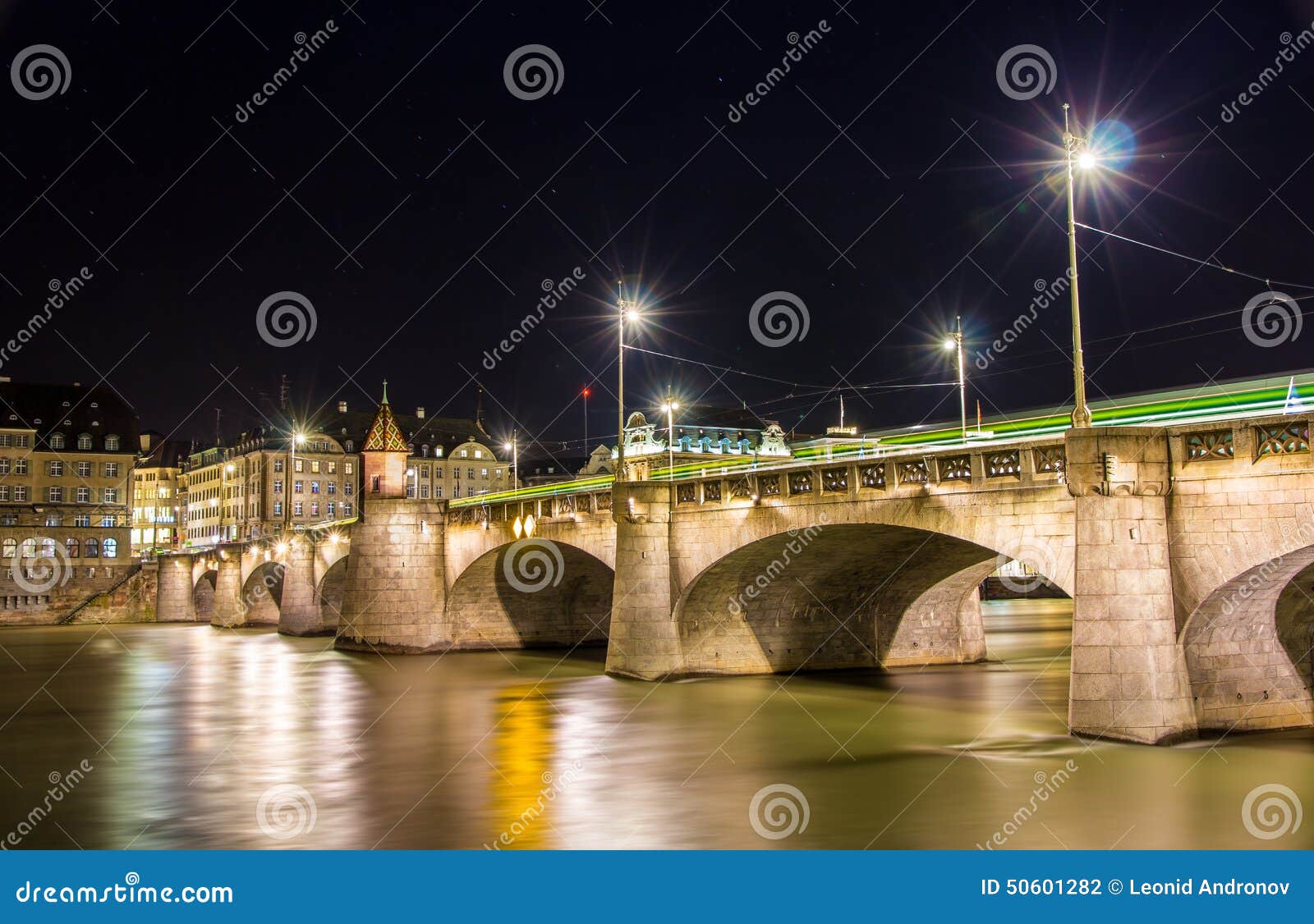 Mittlere Bridge in Basel at Night Stock Photo - Image of boat, german ...