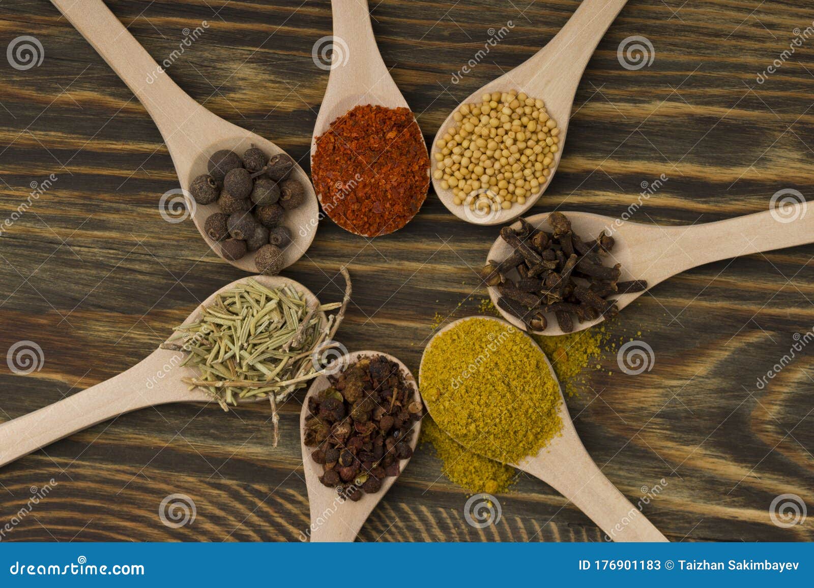 Mix Aromatic Spices on Spoons on Wooden Background Stock Image - Image ...