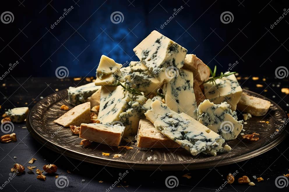 Mix of Blue Cheeses on a Plate on a Dark Blue Background Stock Photo ...