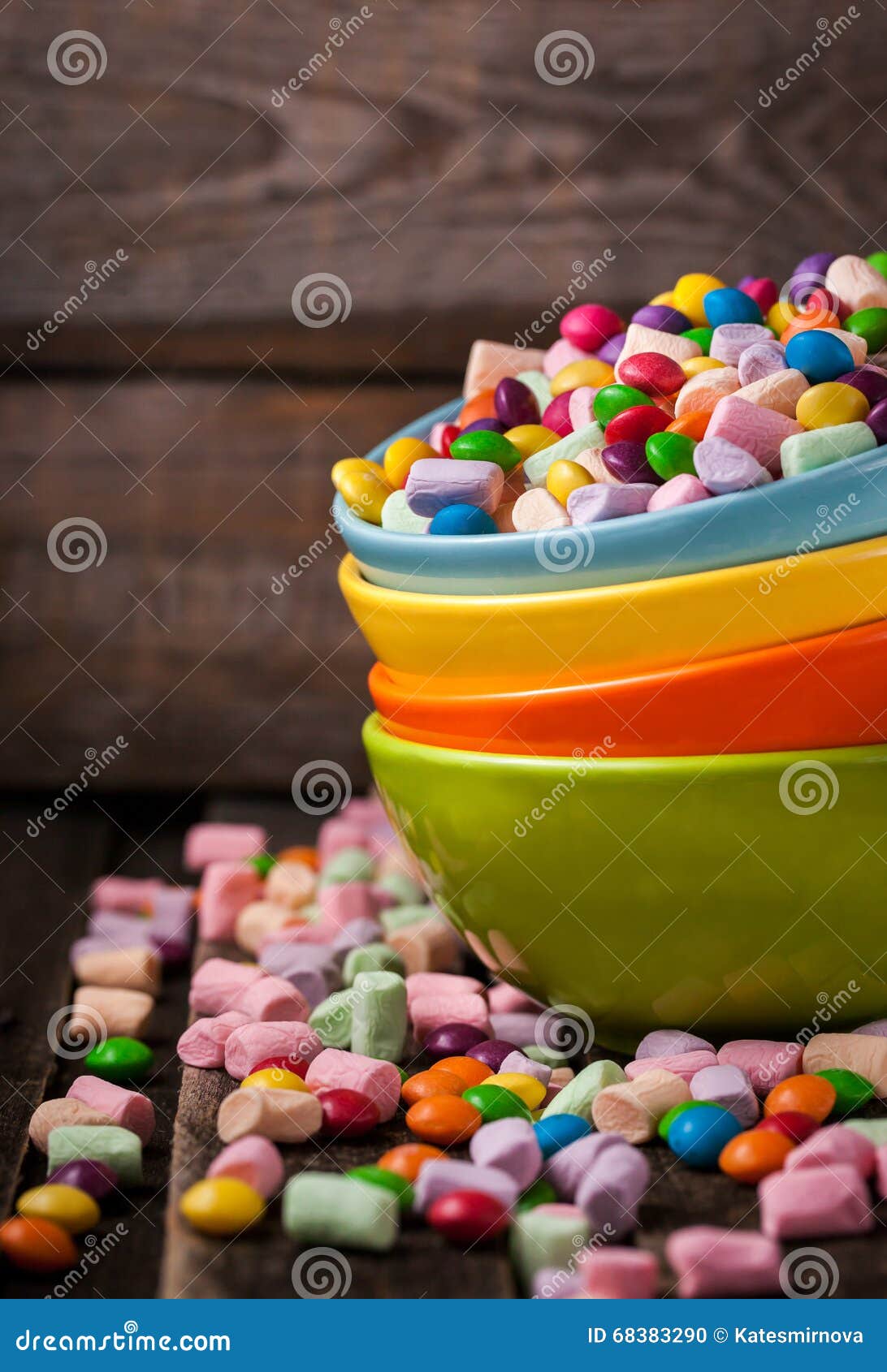 Mix of candies in a bowls stock photo. Image of wood - 68383290