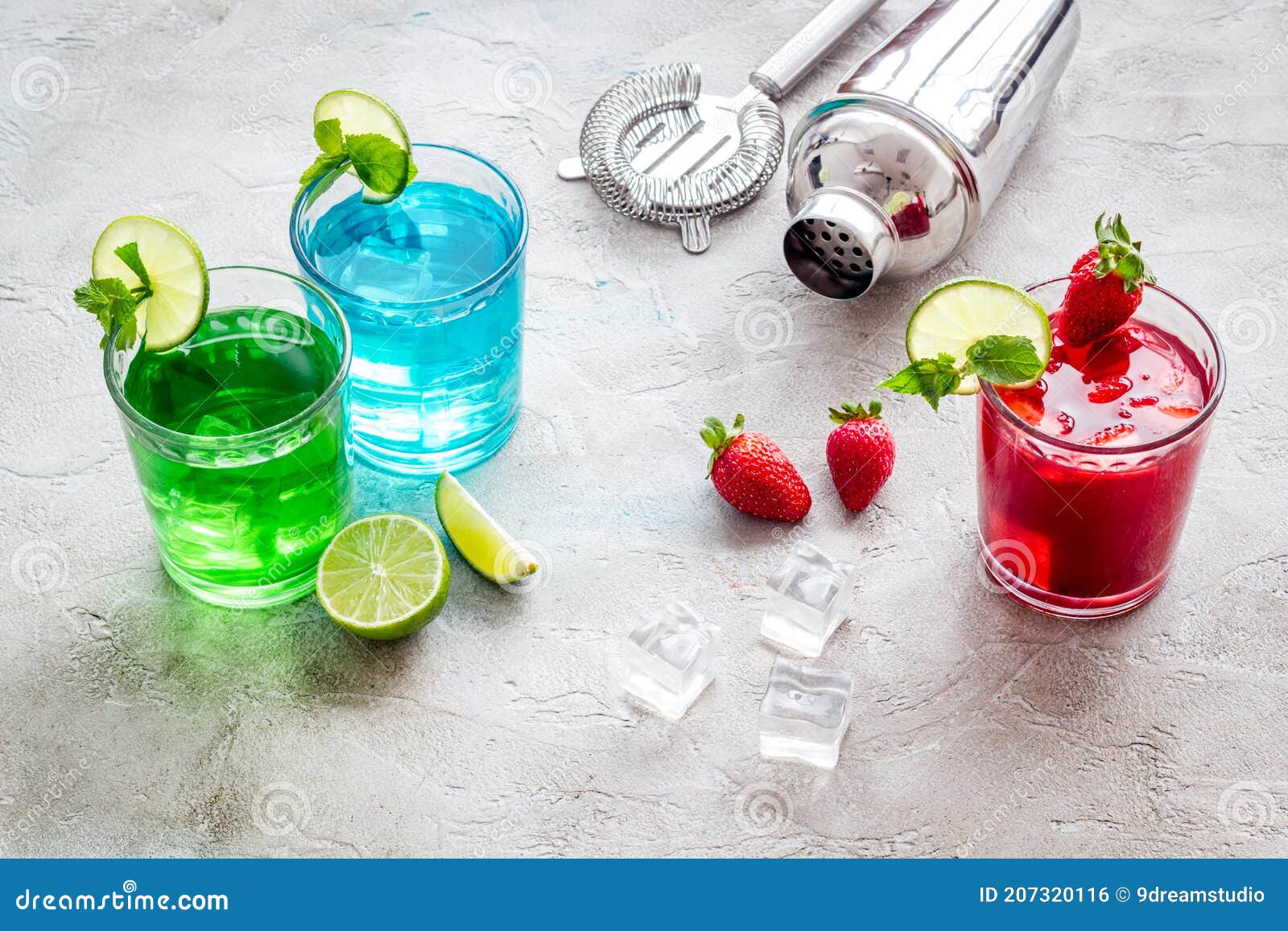 Mix of Cocktails Cold Drink with Ingredients and Bar Tools Stock Photo ...