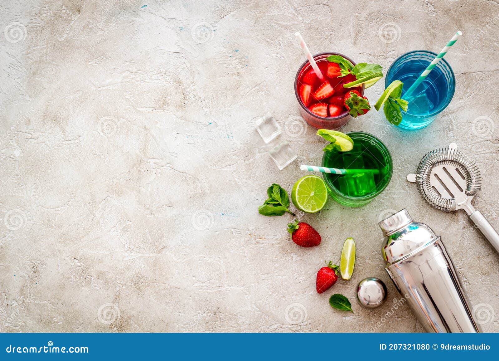 Mix of Cocktails Cold Drink with Ingredients and Bar Tools Stock Photo ...