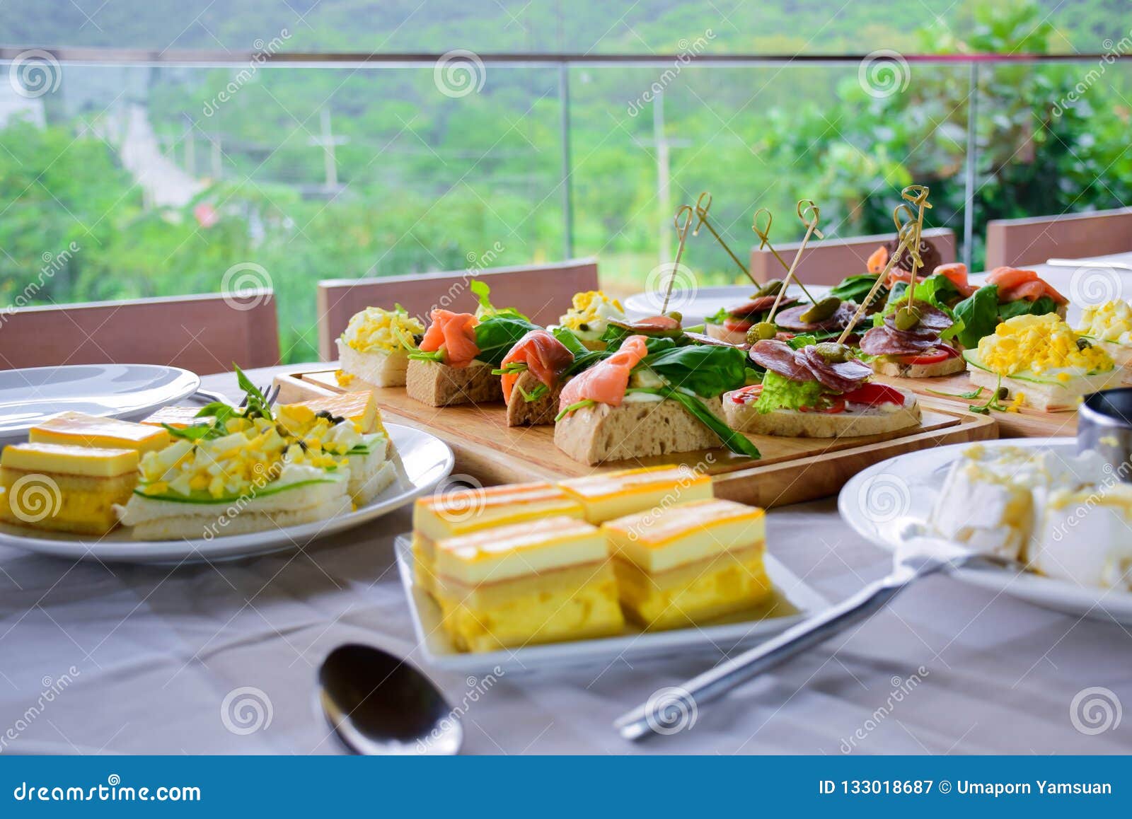 Mix Food on Dinner Table, Appetizer and Dessert Stock Image - Image of ...