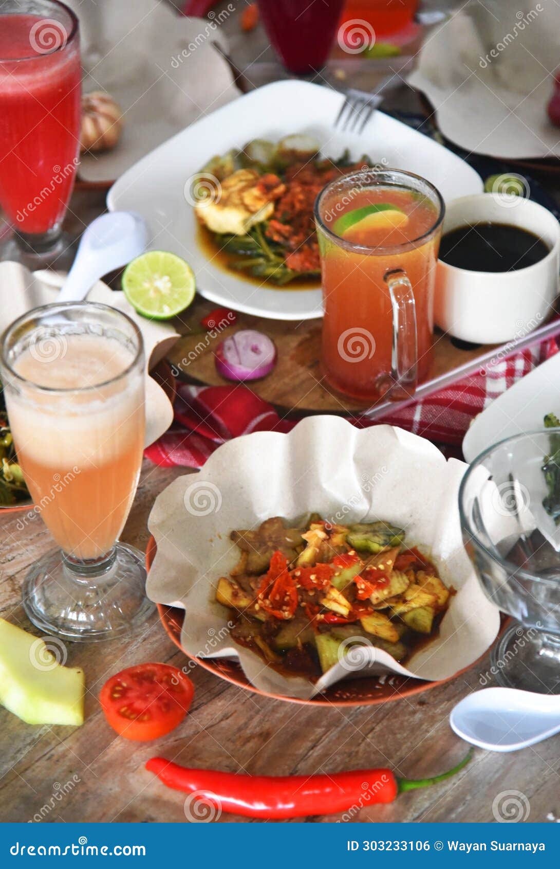 Mix Foods and Drinks Placed on the Brown Wooden Table Stock Photo ...