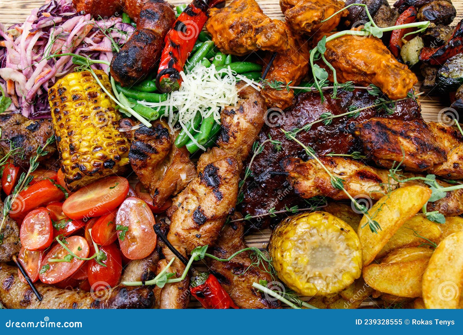 The Mix of Grilled Meat and Vegetables. Plate of Mixed Meat Stock Image ...
