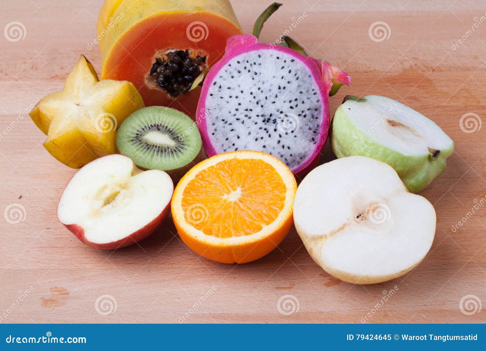 Mix Half Cut Fruit on Wooden Table Stock Image - Image of papaya, apple ...