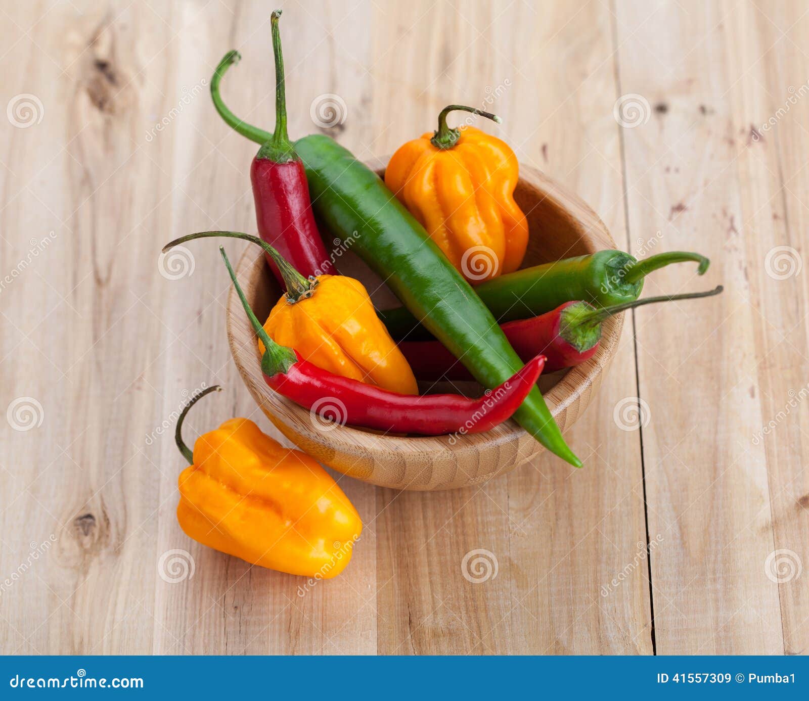 Mix of Hottest Peppers in Wooden Plate on Table. Stock Image - Image of ...