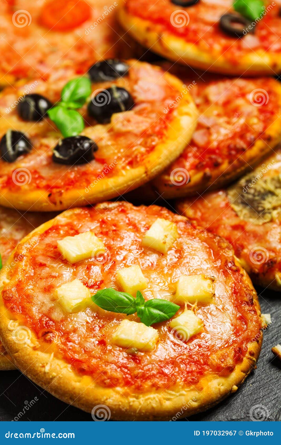Mix of Mini Pizzas on a Stone Try Stock Image - Image of horizontal ...