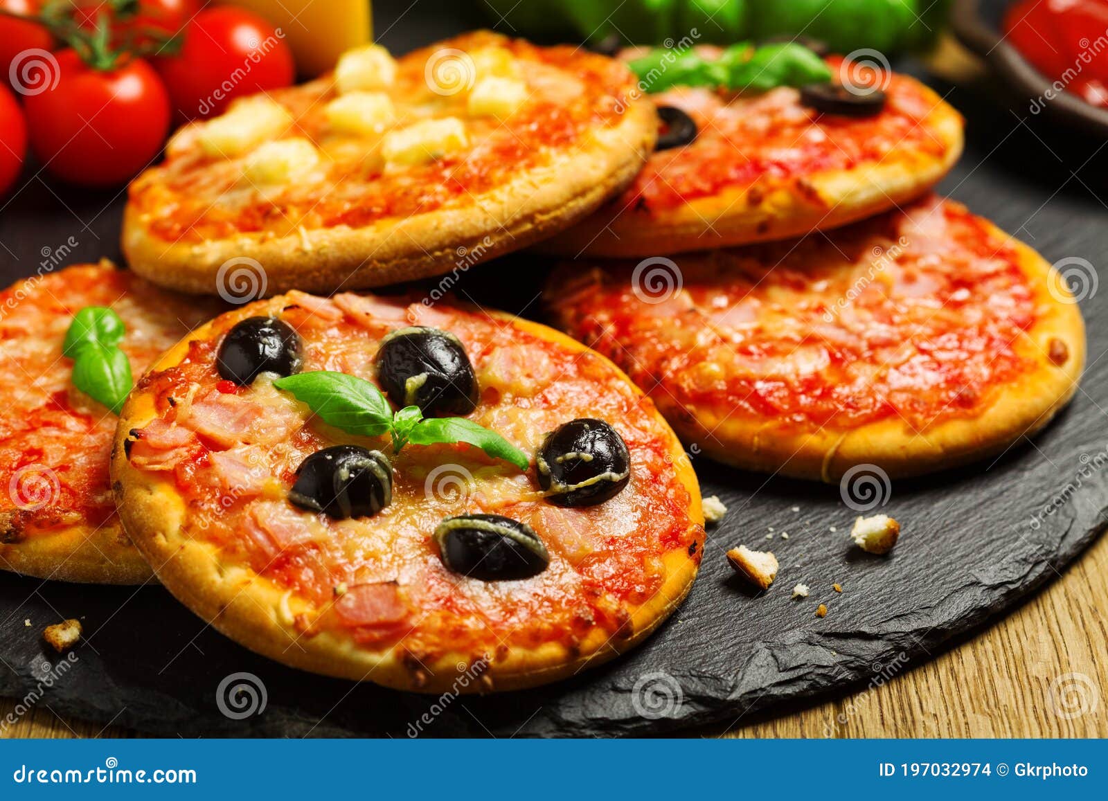 Mix of Mini Pizzas on a Stone Try Stock Photo - Image of stone ...