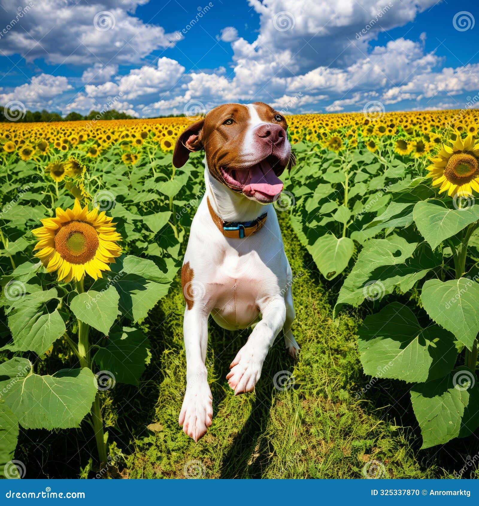 Pitbull Pointer Mixfrolicking in a Field of Tall Sunflowers with a ...