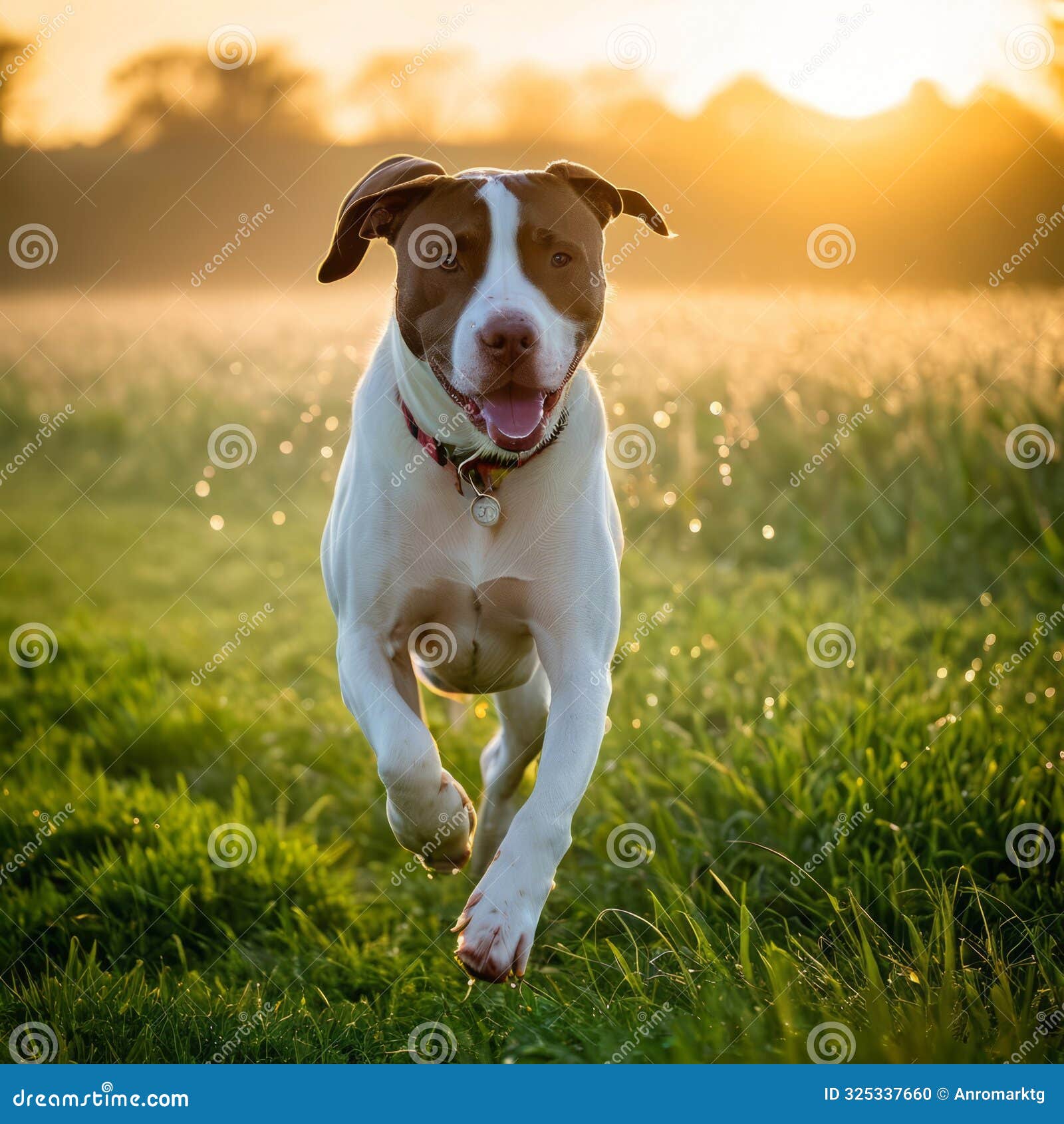Pitbull Pointer Mixrunning through an Open Field at Dawn with Dew ...