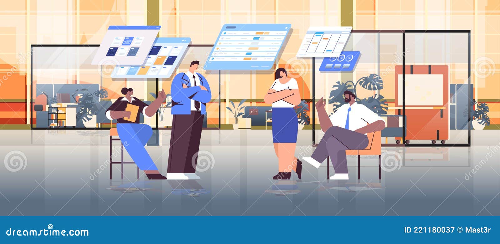 Mix Race Businesspeople Team Analyzing Statistic Data on Virtual Boards ...