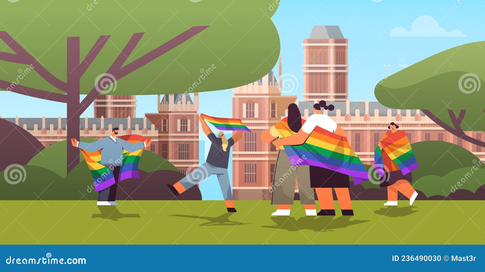 Mix Race People Holding Lgbt Rainbow Flags Gay Lesbian Love Parade