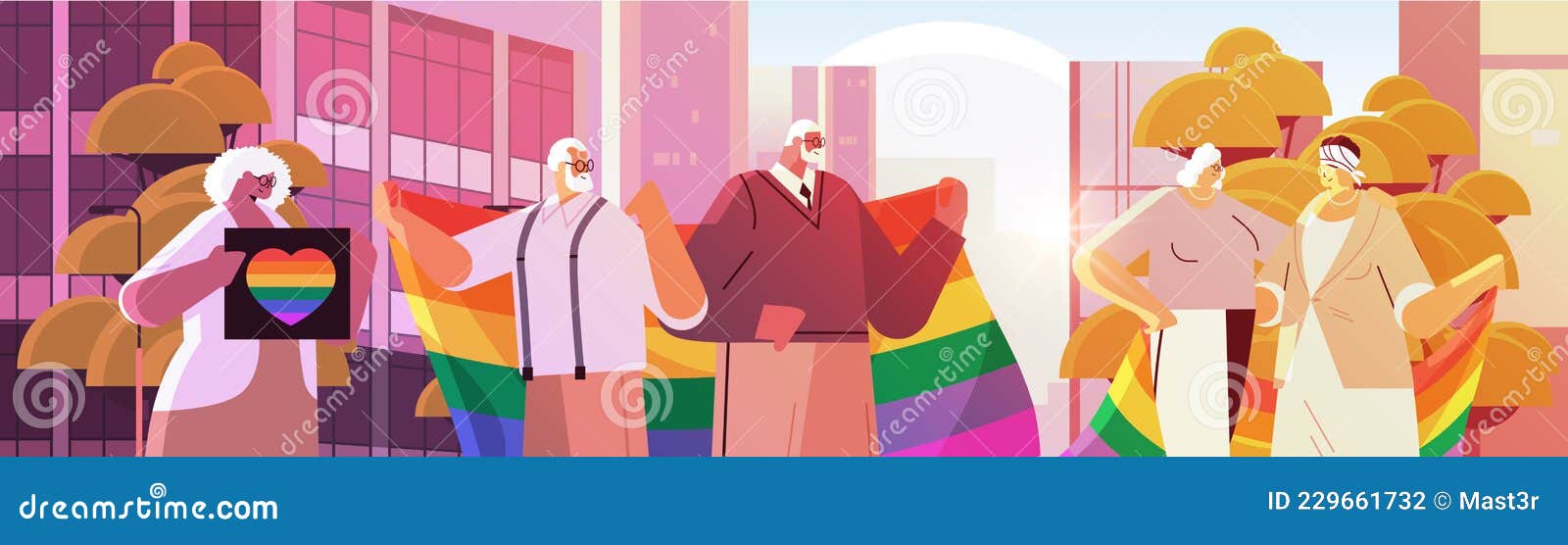 Mix Race Senior People Holding Lgbt Rainbow Flags Gay Lesbian Love
