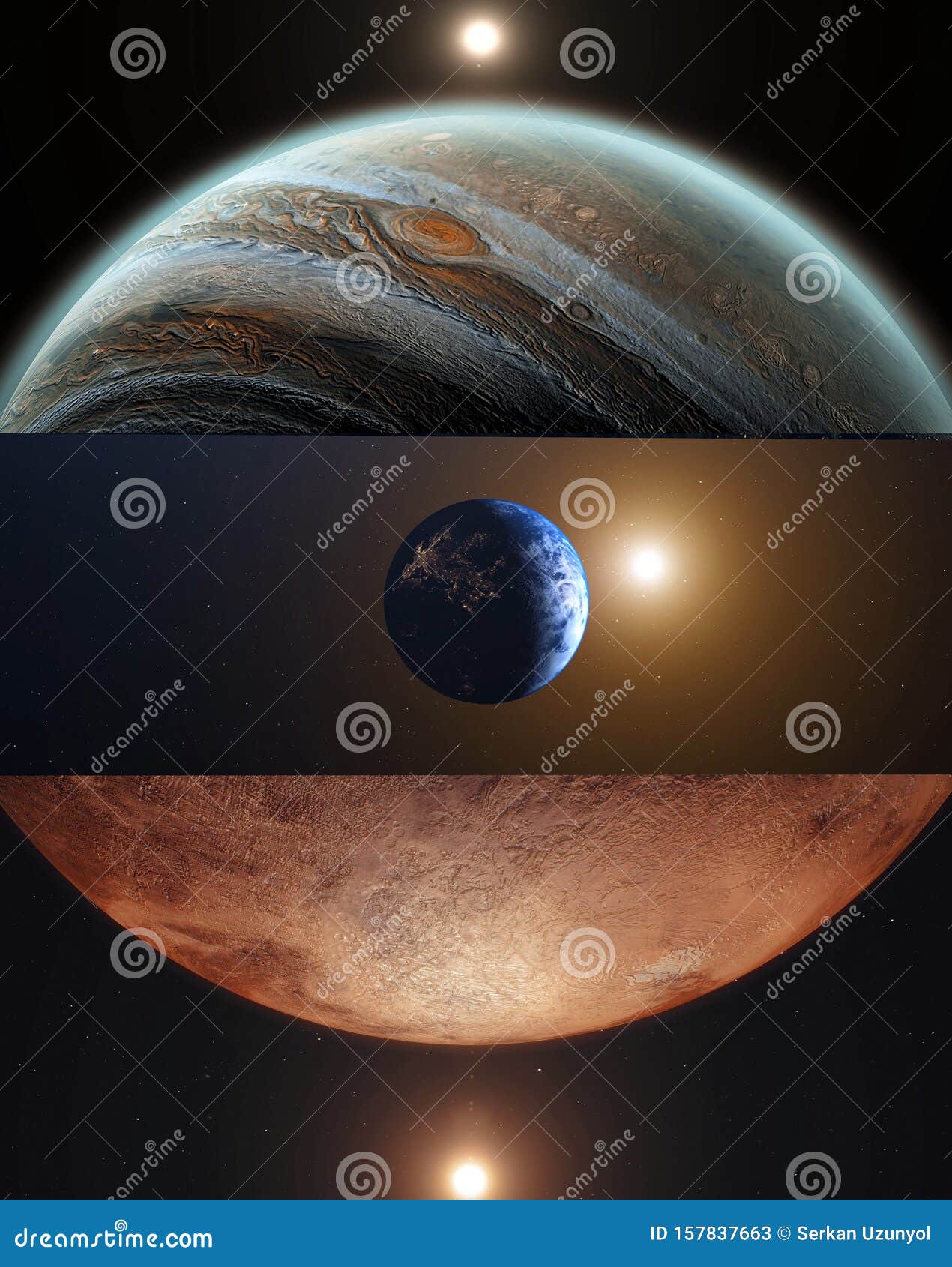 Mix of Rising Sun Over Jupiter, WorldPlanet Earth and Mars Planet ...
