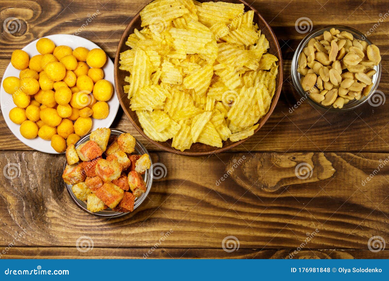 Mix of Snacks for Beer on Wooden Table Stock Photo - Image of board ...