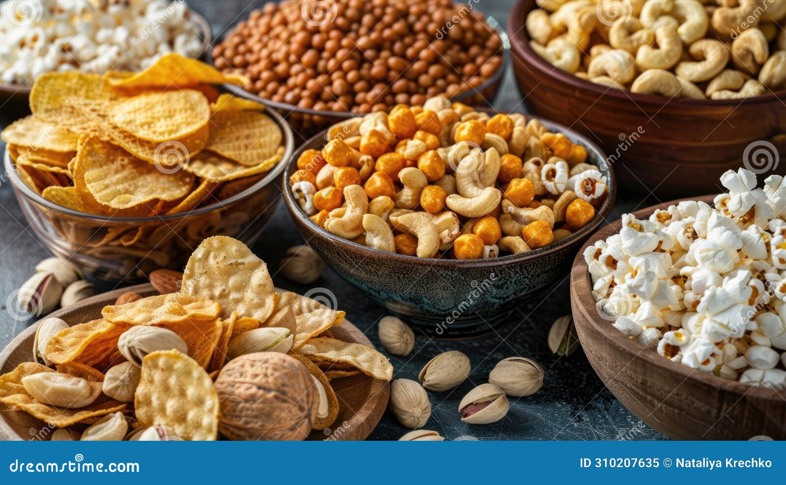 Mix of Snacks. Variety of Snacks Such As Nuts, Chips and Popcorn Stock ...
