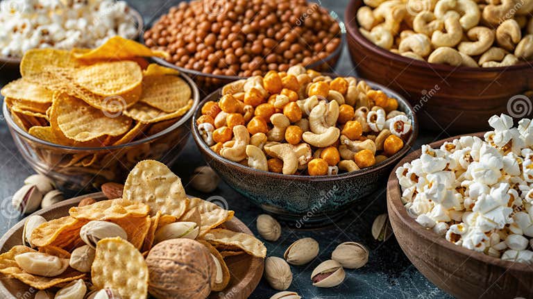 Mix of Snacks. Variety of Snacks Such As Nuts, Chips and Popcorn Stock ...