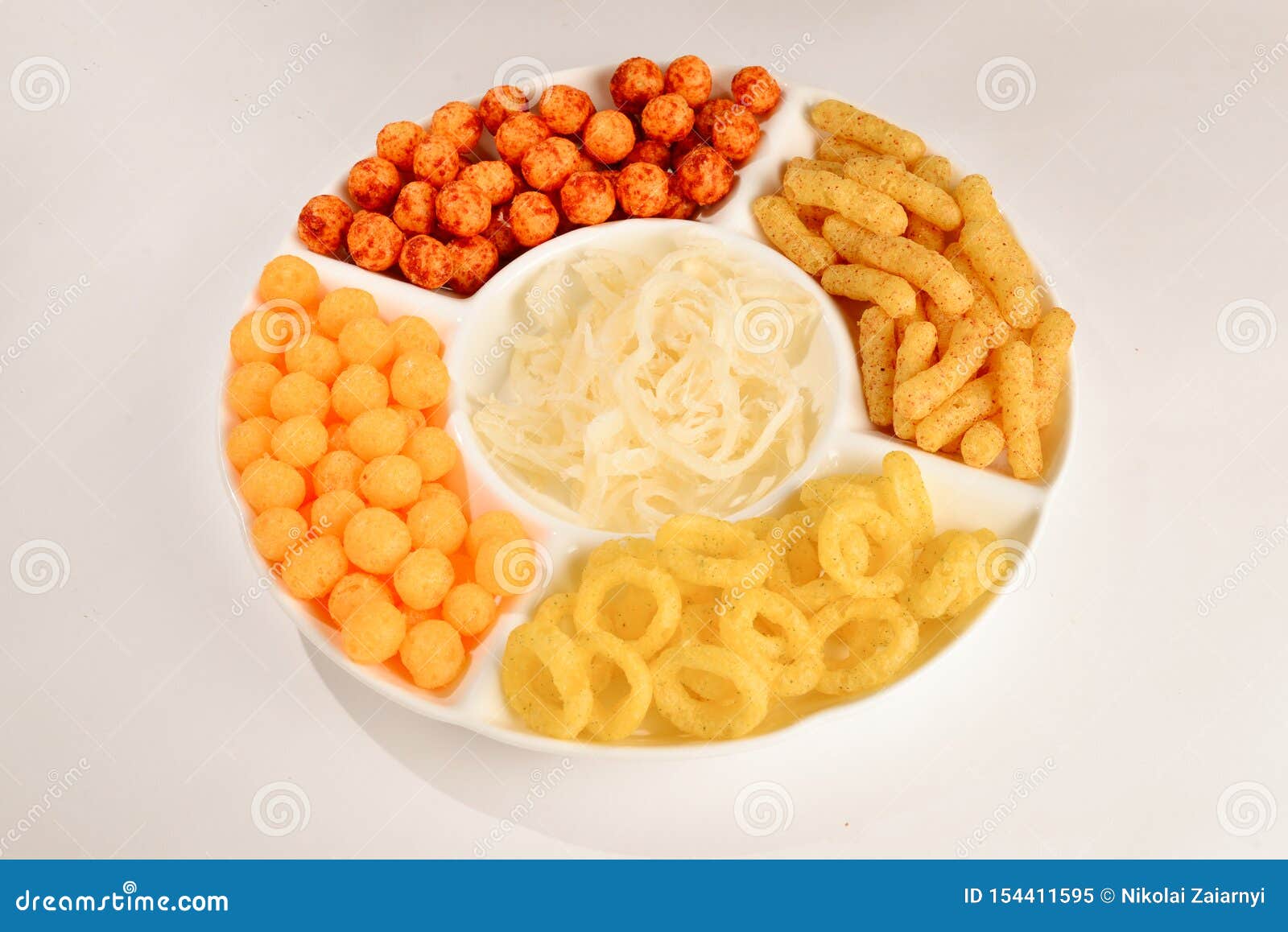 Mix of Snacks on a White Plate Isolated on White Stock Image - Image of ...