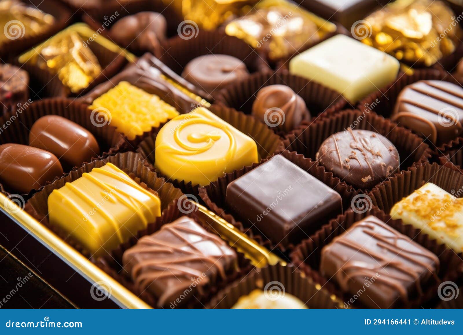 A Mix of Swiss Praline Chocolates in a Golden Box Stock Illustration ...
