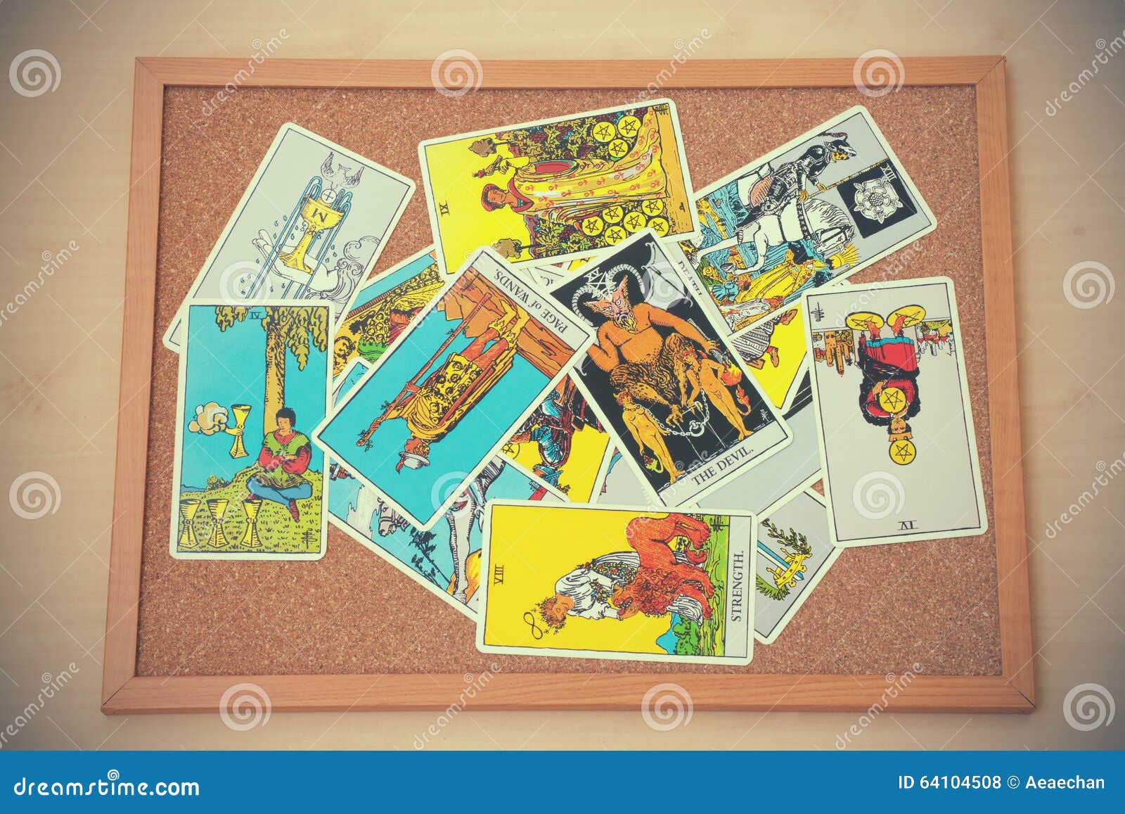 Mix of Tarot Card on the Cork Board in Vintage Tone Stock Photo - Image ...