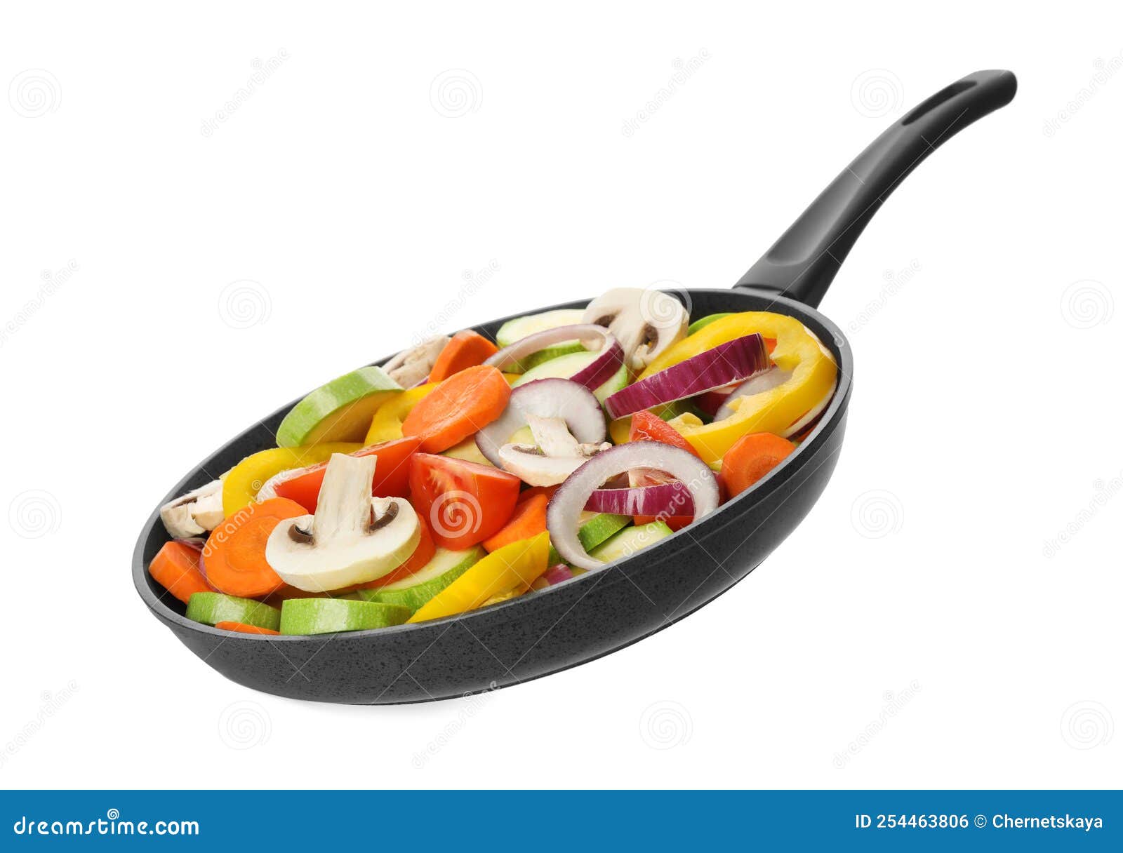 Mix of Vegetables in Frying Pan Isolated on White Stock Photo - Image ...
