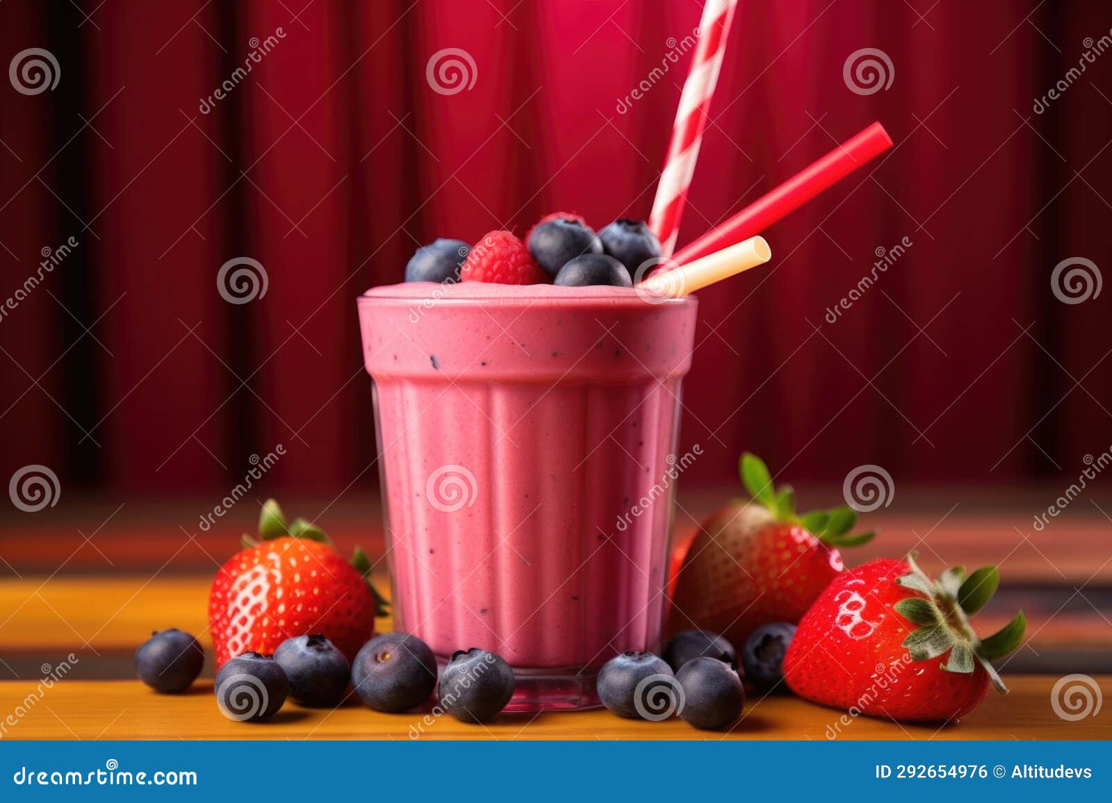 Mixed Berry Smoothie with a Bamboo Straw on a Red Table Stock Photo ...