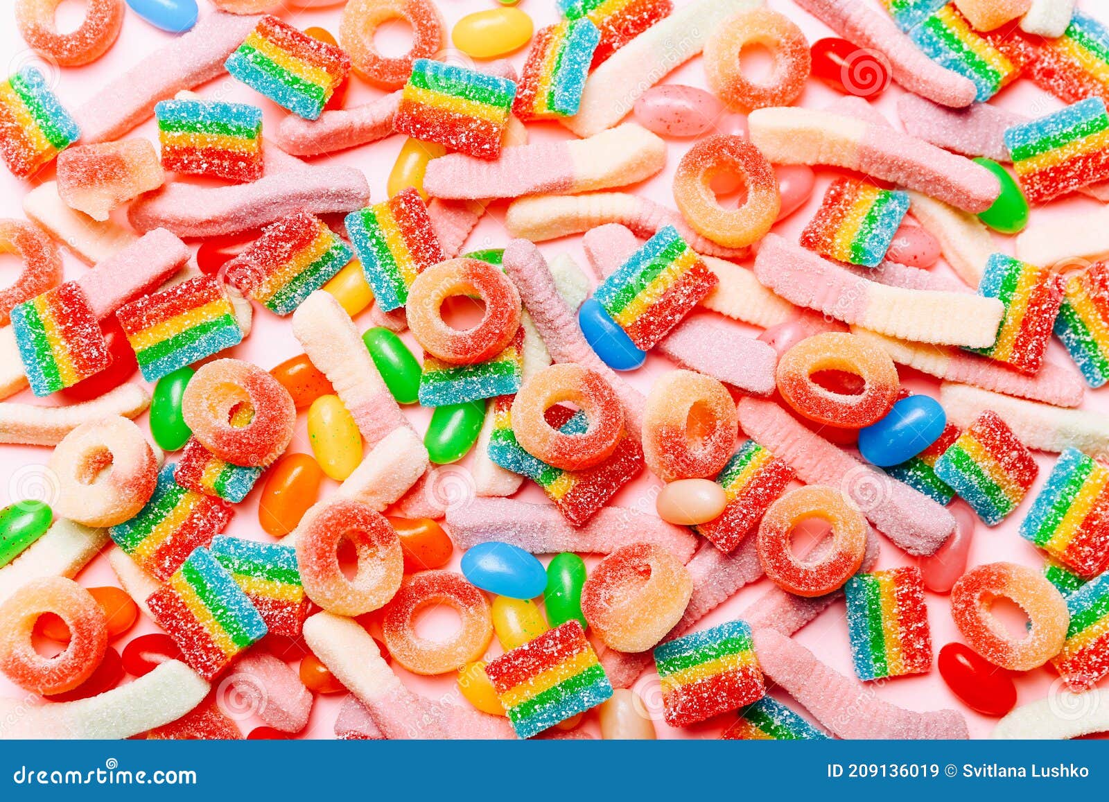 Mixed Collection Of Colorful Candy, On Pink Background. Flat Lay, Top ...