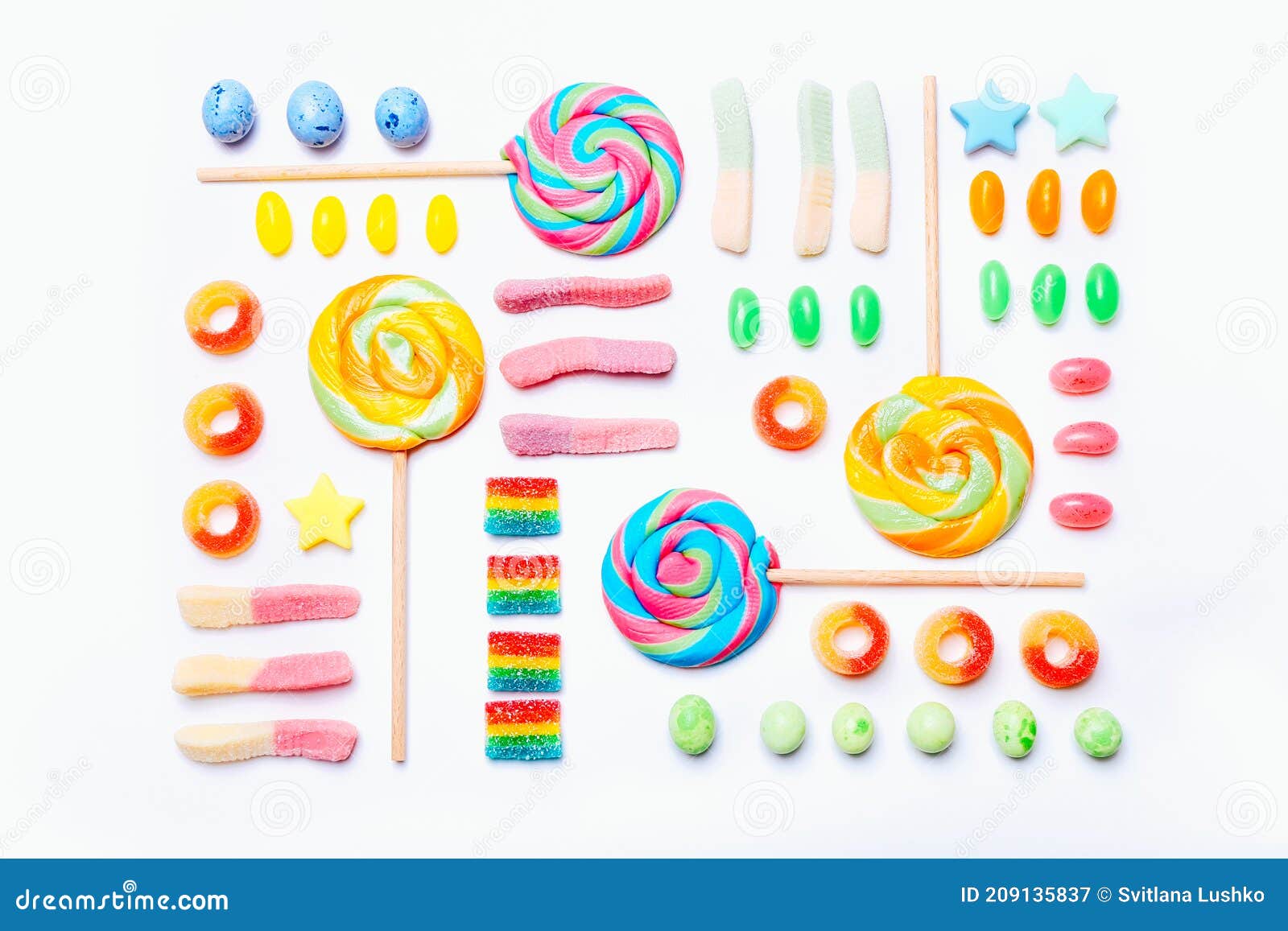 Mixed Collection Of Colorful Candy, On White Background. Flat Lay, Top ...