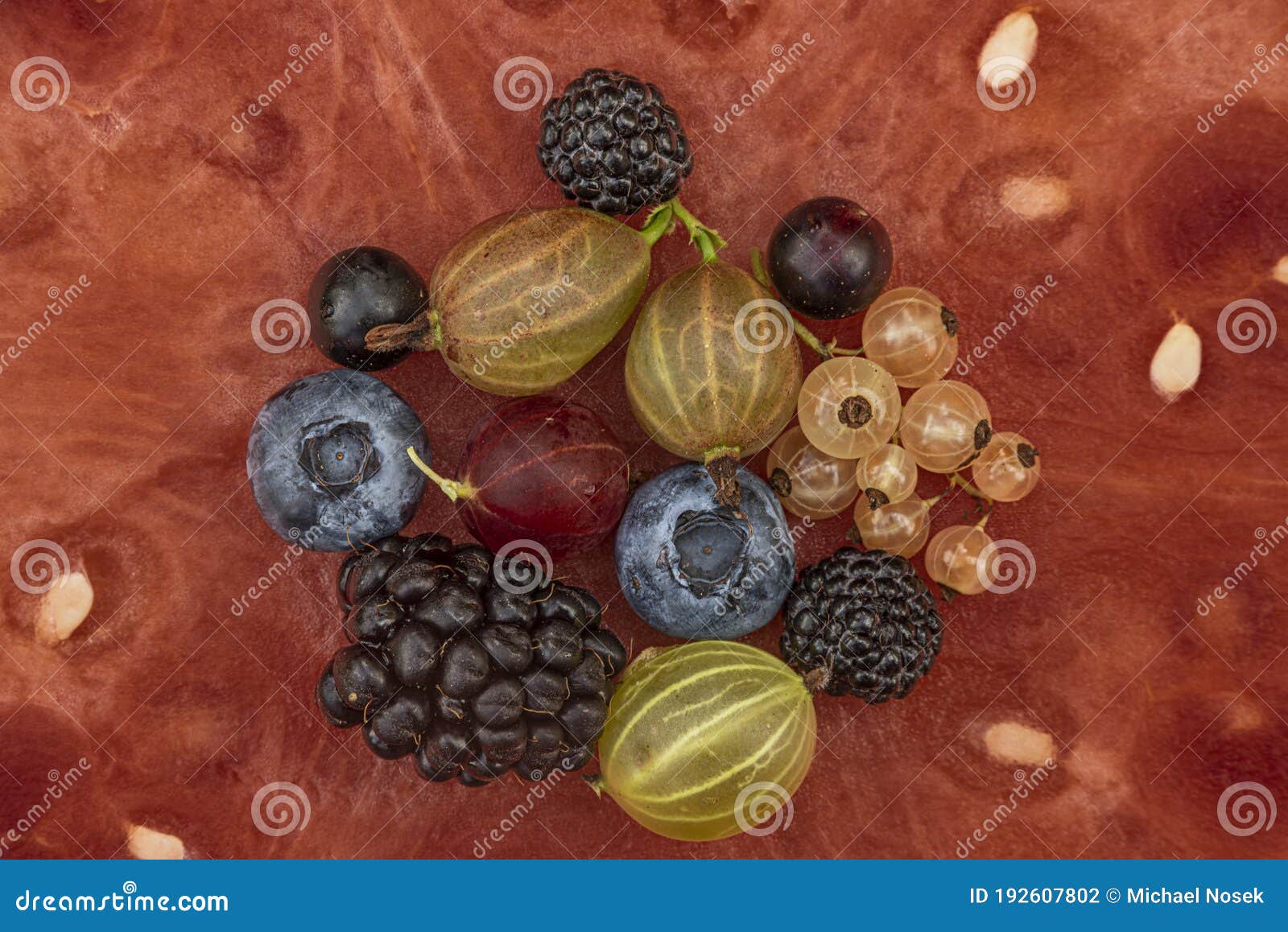 Mixed Color Garden Fruit on Red Seedless Water Melone Stock Photo ...