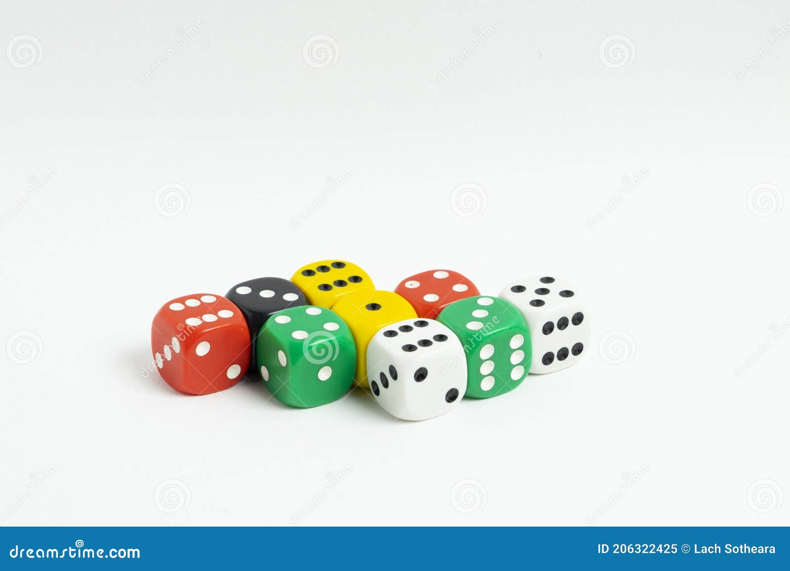Mixed Color Standard Size Dice Stacked Together Isolated on White ...