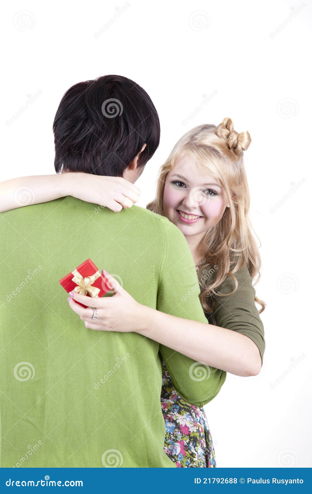 Mixed Couple Hugging with Christmas Gift Stock Photo - Image of ...