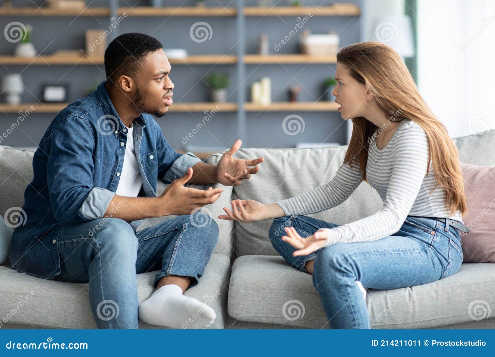 Mixed Couples Conflicts Young Interracial Lovers Arguing At Home Stock