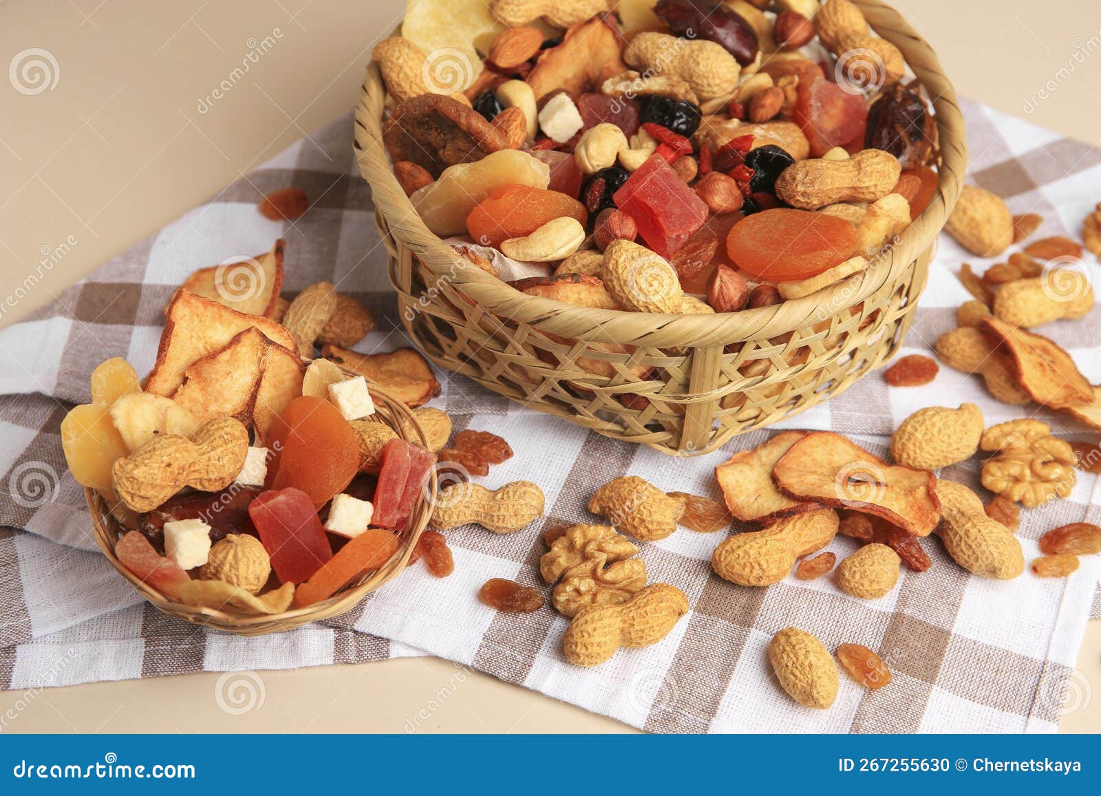 Mixed Dried Fruits and Nuts on Beige Background Stock Photo - Image of ...