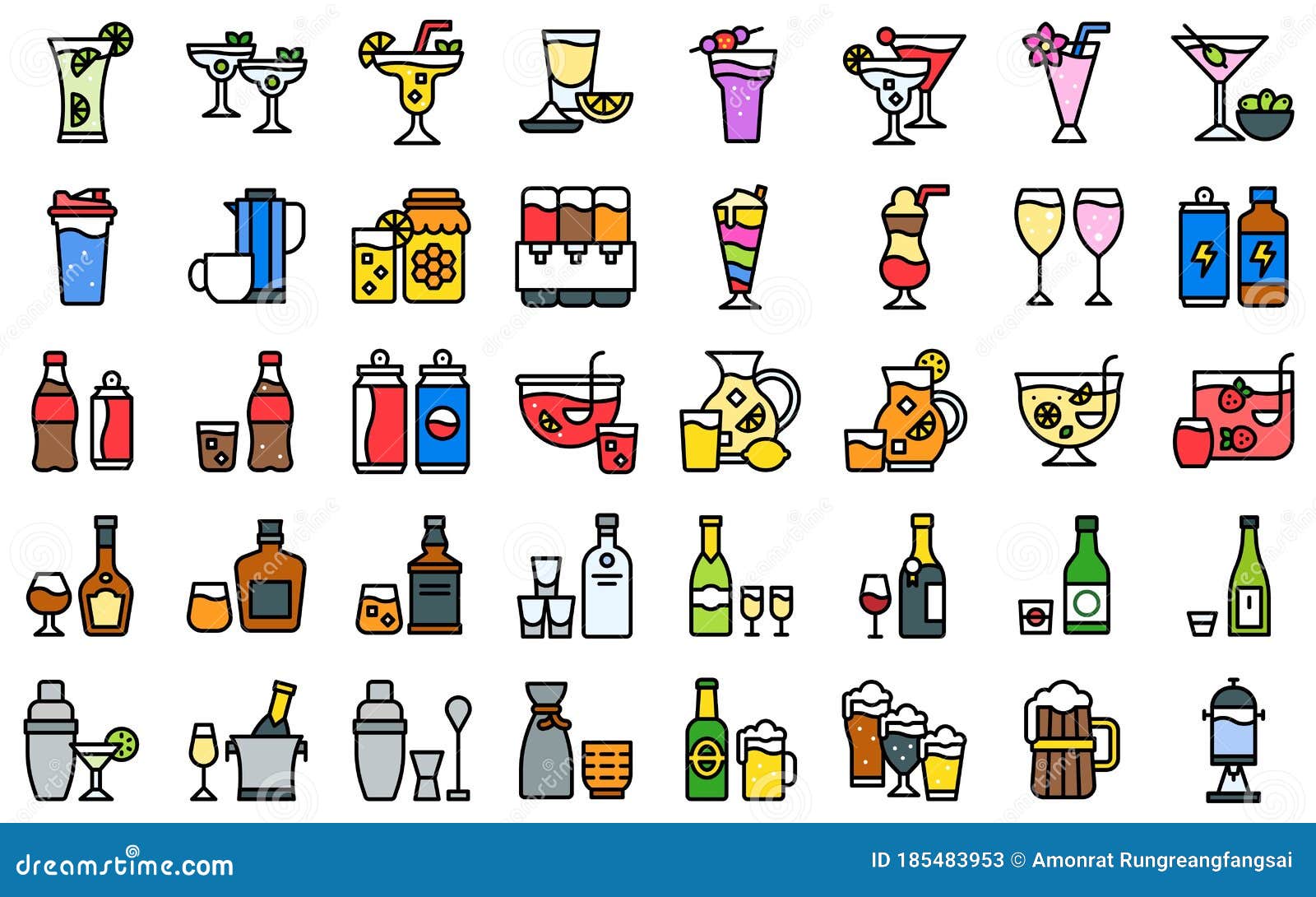 Mixed Drink and Alcoholic Beverage Icon Set, Filled Style Stock Vector ...