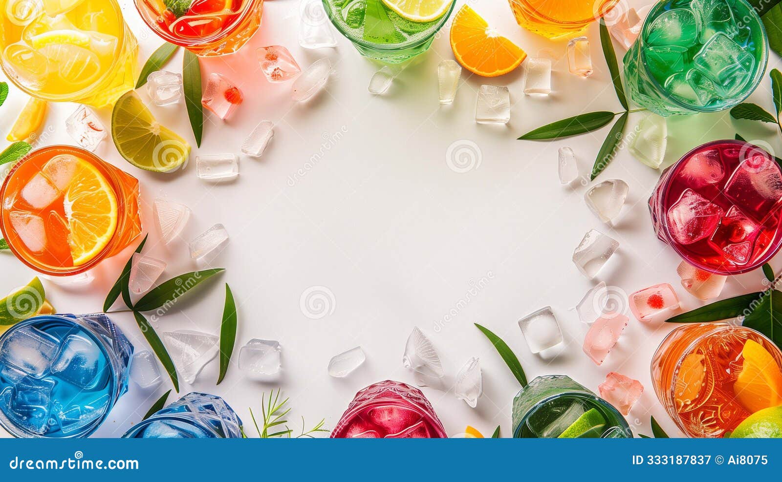 Mixed Drinks with Citrus Slices and Ice Cubes Border Background Image ...