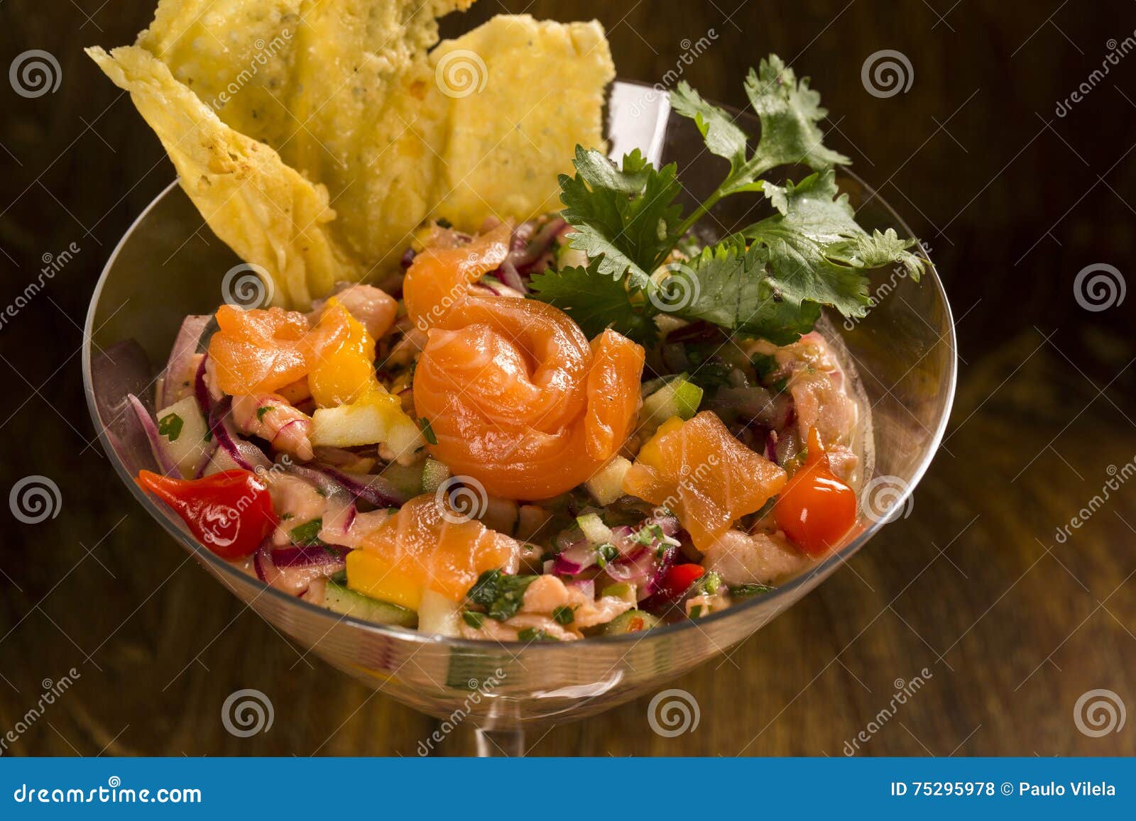 Mixed Fish Ceviche with Salmon, Onion and Pepper. Traditional Pe Stock ...