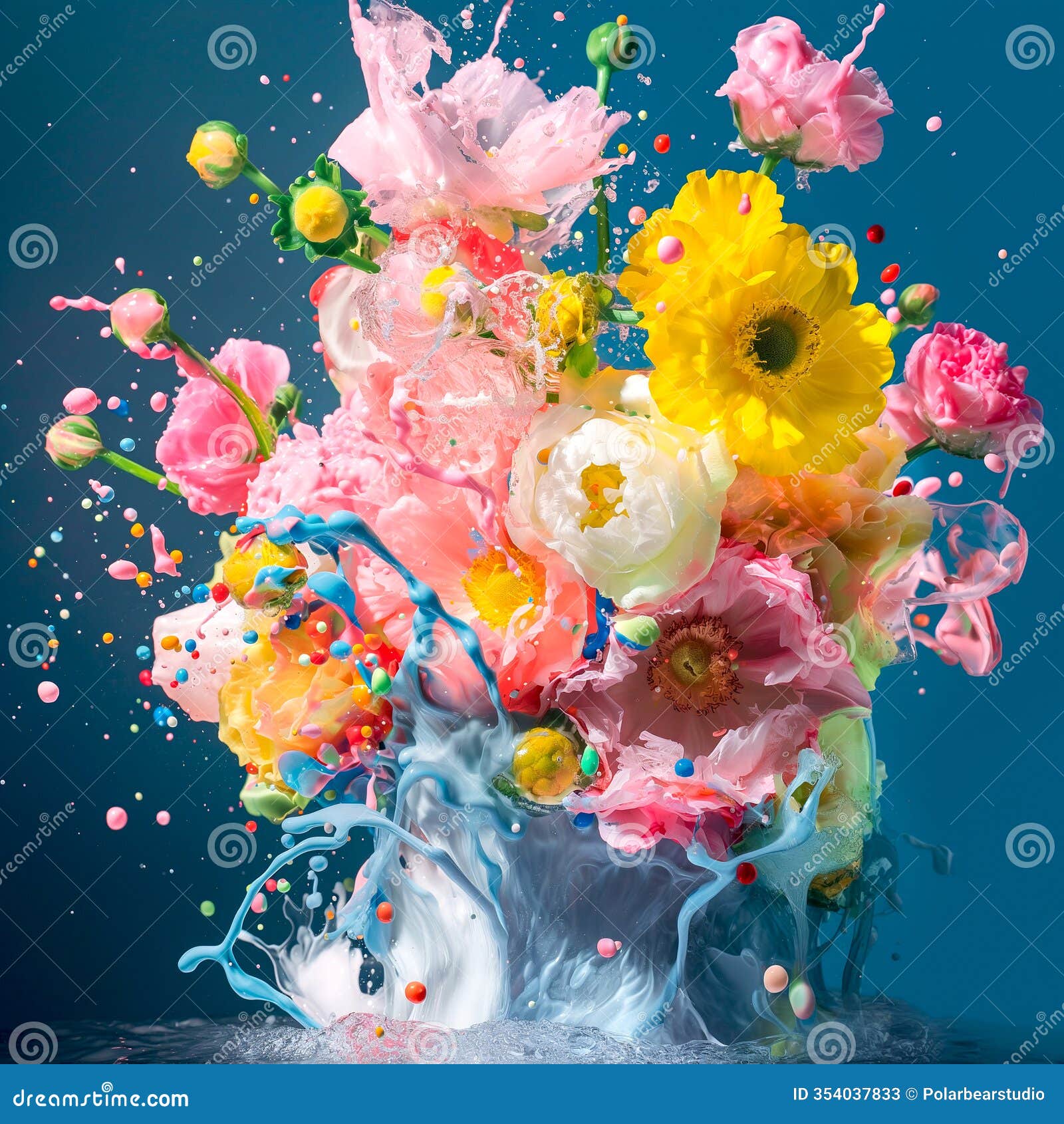 Mixed Flowers Explosion from the Center on Blue Background. Flowers ...