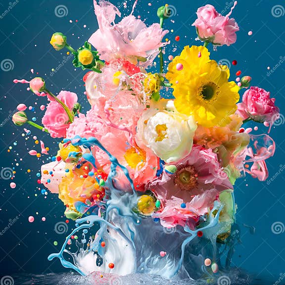 Mixed Flowers Explosion from the Center on Blue Background. Flowers ...