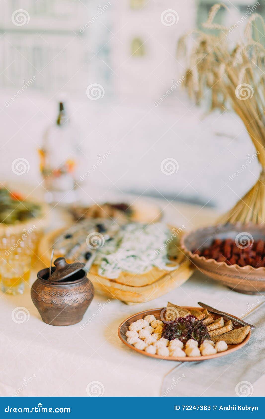 Mixed Food Served in Traditional Rural Style on Table with White ...