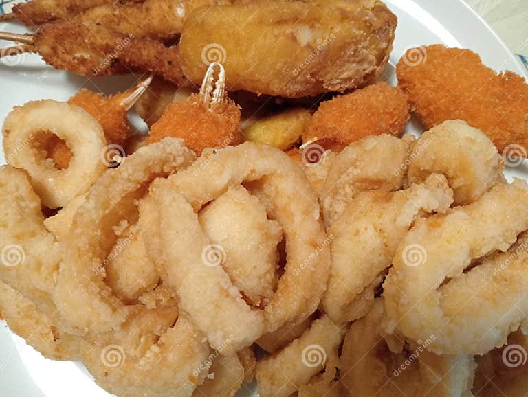 Mixed Fried Fish with Squid Rings, Crab Claws, Battered Cod and Fish ...