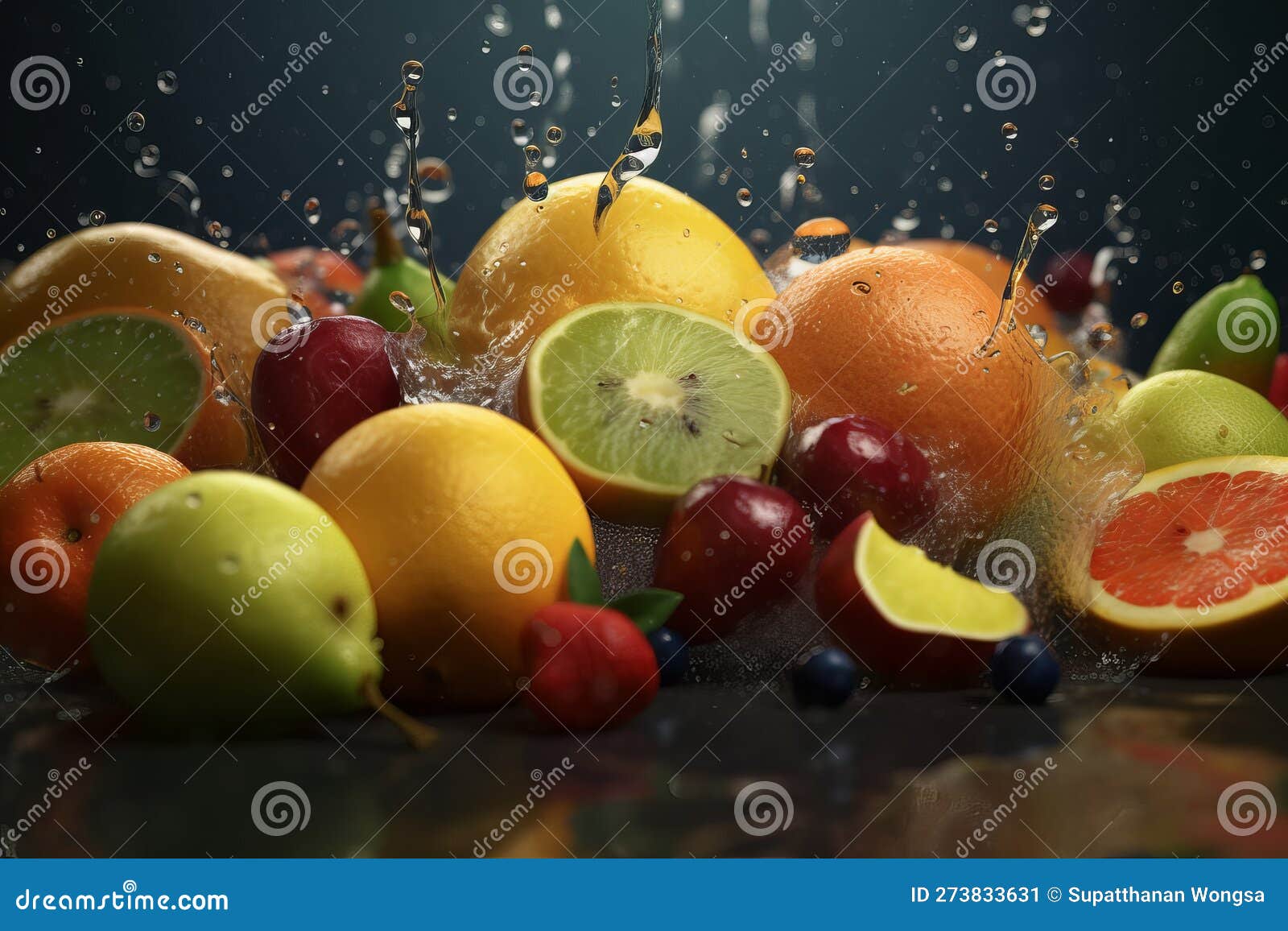 Mixed Fruit on Black Background Water Splash Stock Illustration ...
