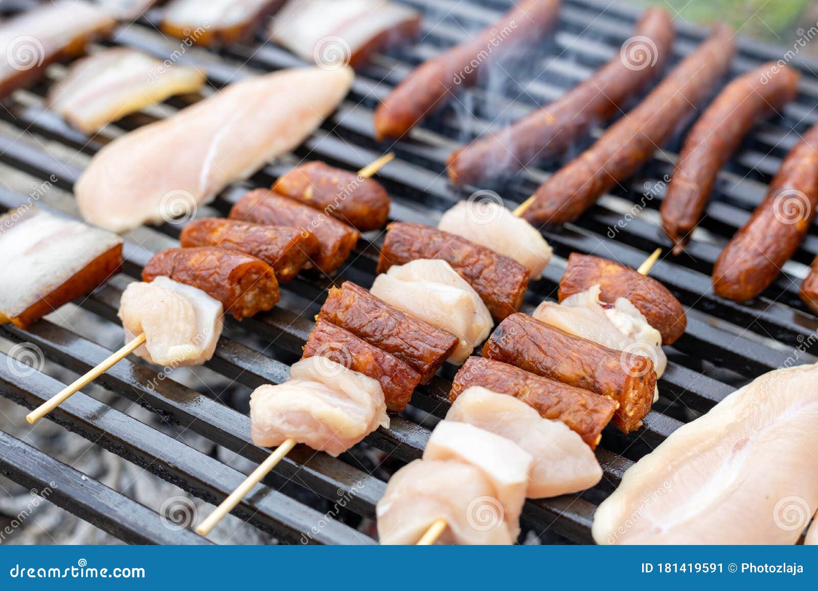 Mixed Meat Grilled on Barbecue Outside in the Picnic Stock Image ...