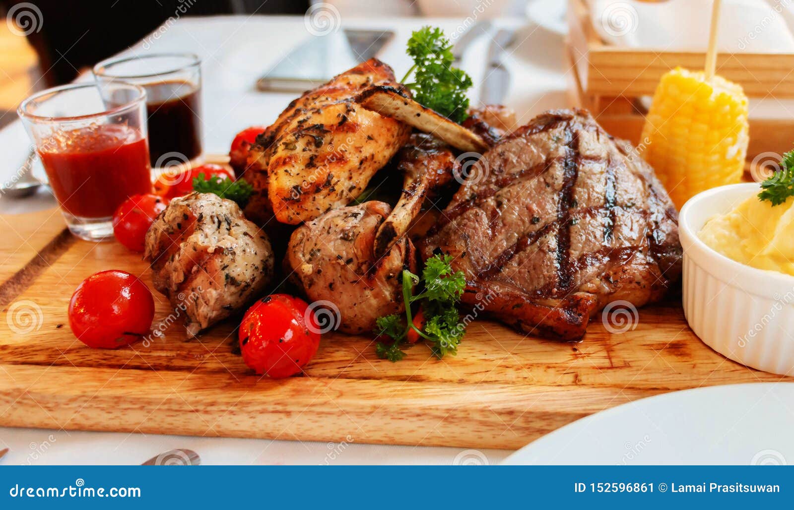 Mixed Meat Steak on Wooden Plate Stock Image - Image of sausages, beef ...