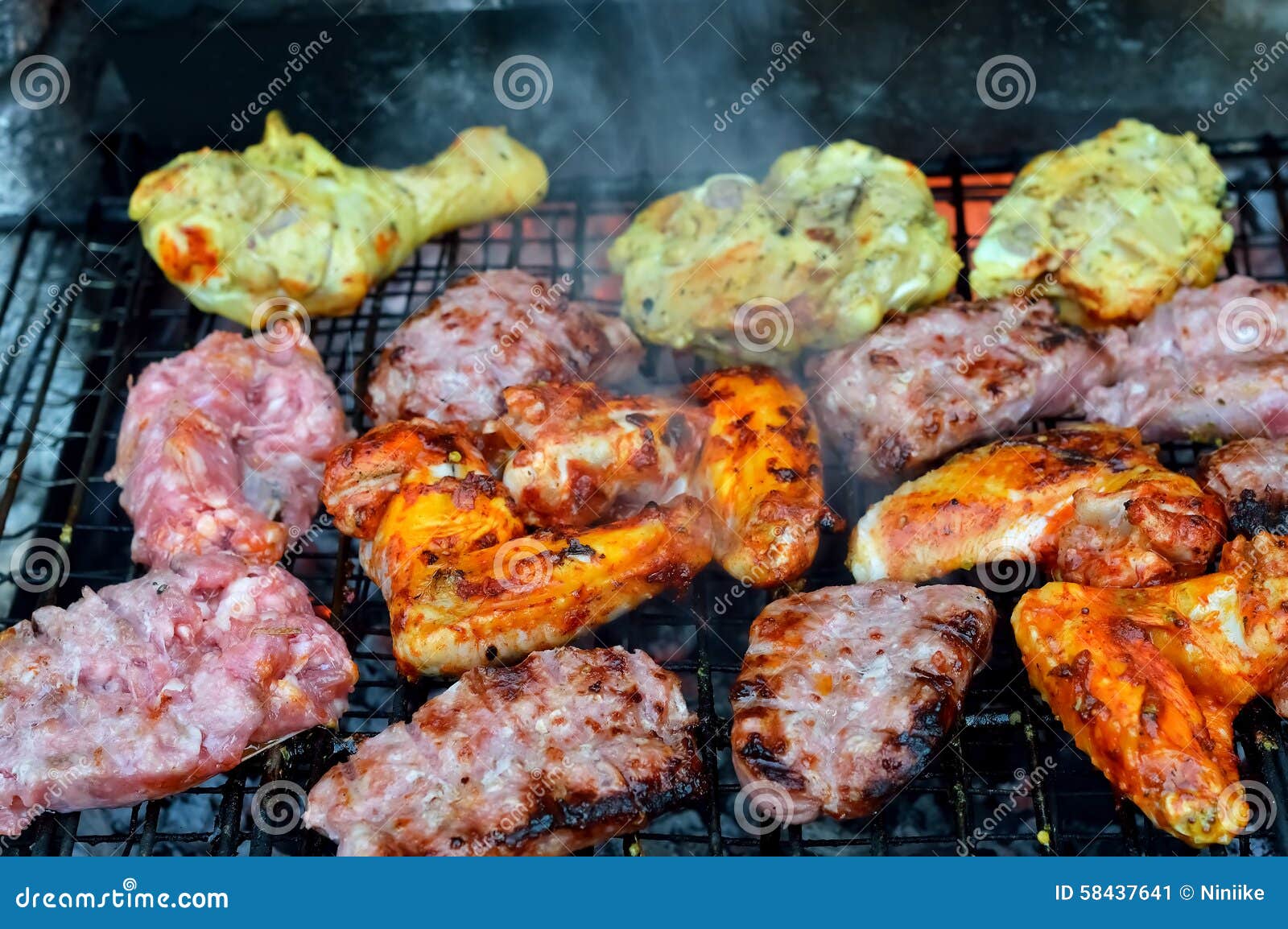 Mixed meats BBQ stock image. Image of fire, cooking, cook - 58437641