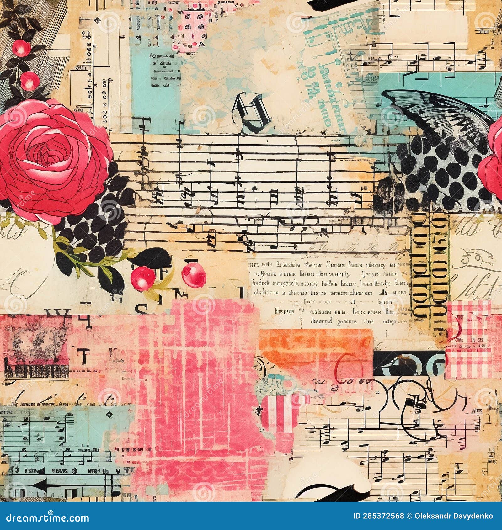 Mixed Media Art, Seamless Pattern with Collage of Musical Notes ...